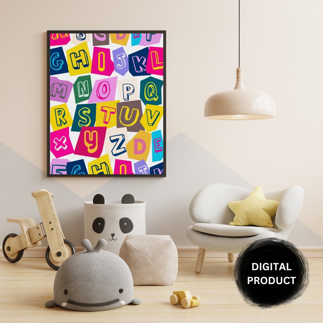 Colorful Scattered Alphabet, Retro Wall Art, Digital Wall Art, Nursery ...