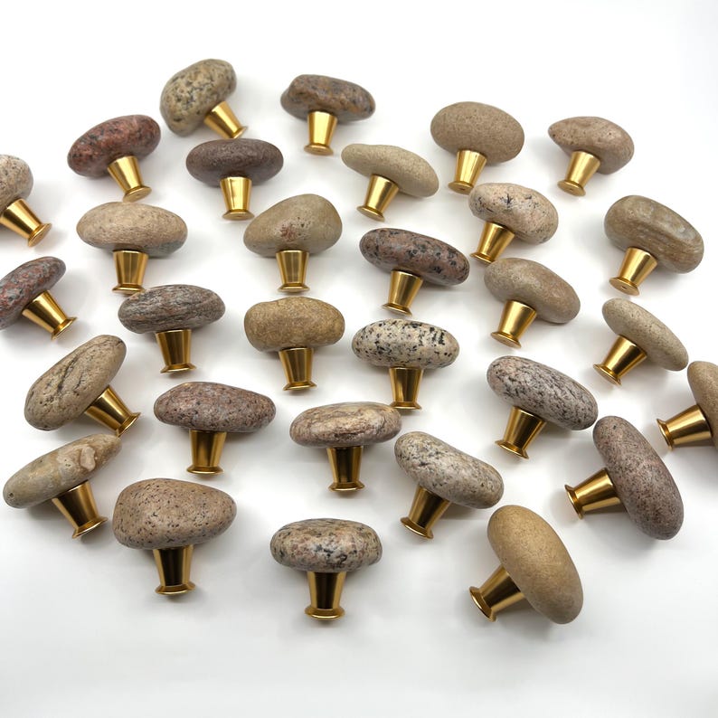 Natural Stone Knobs – Handmade Drawer Pulls With Gold Base – Unique Cabinet Hardware ...