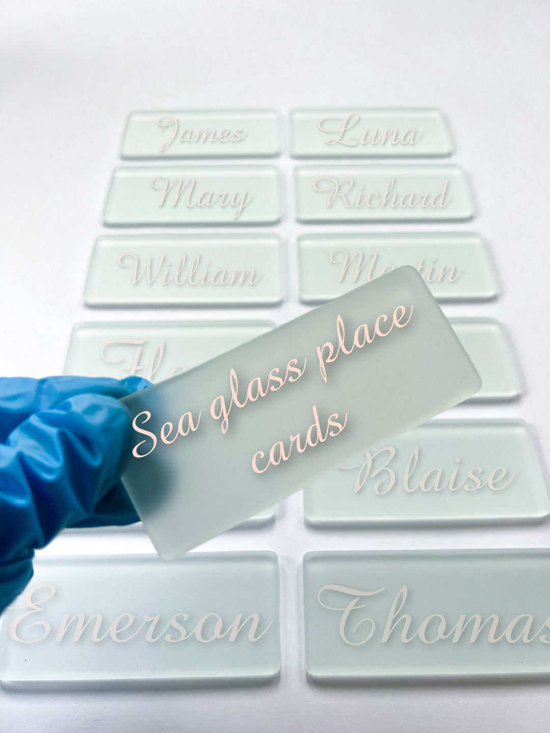 Wedding Card, Glass Place Cards, Sea Glass Name Cards, Wedding Name ...