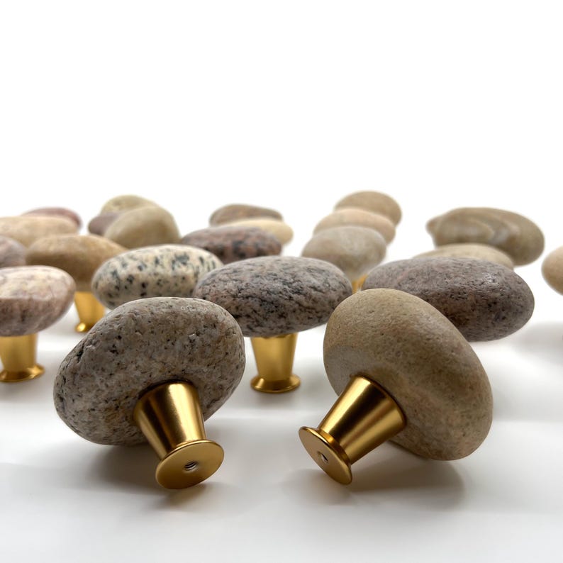 Natural Stone Knobs – Handmade Drawer Pulls With Gold Base – Unique Cabinet Hardware ...