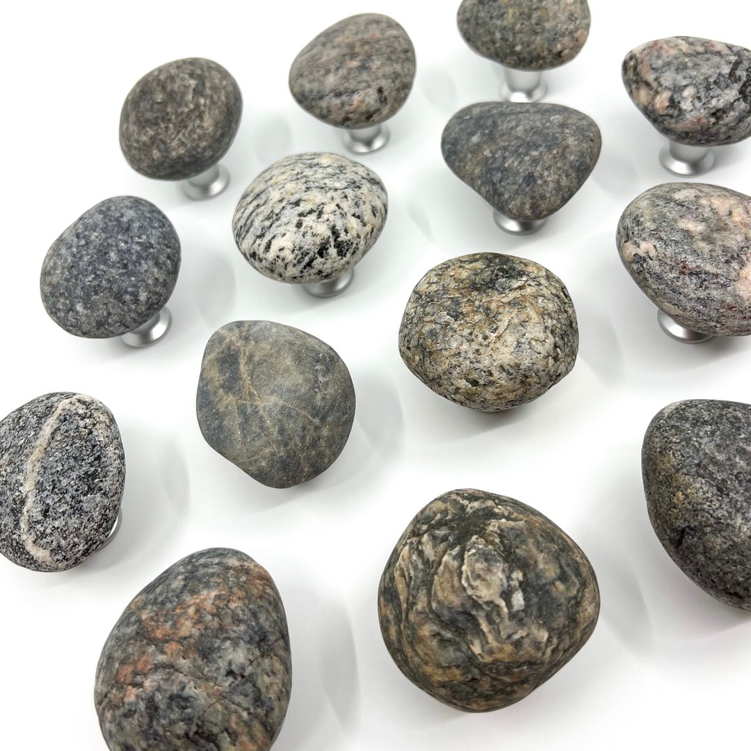 Sea Stone Knobs in Gray Color on Silver Base. Rock Knobs and Pulls. Cabinet Knob and Pull ...