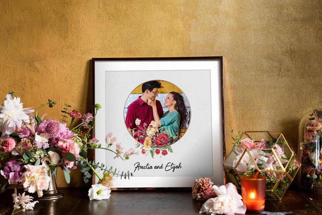 Custom Couple Portrait With Names – Romantic Floral Photo Art Gift for ...