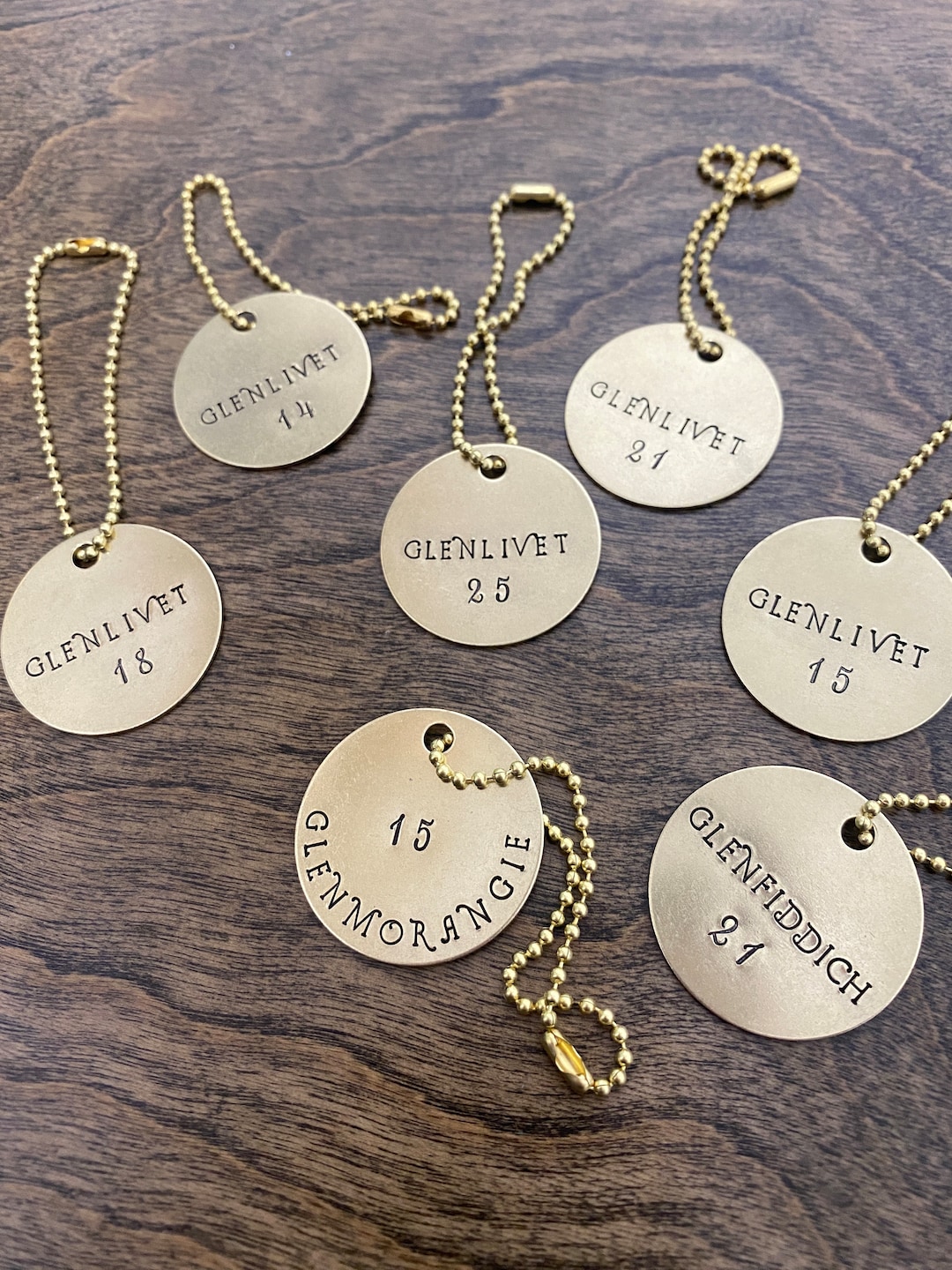 Custom Whiskey Tags | Gold Colored Brass Liquor Markers | Hand Stamped ...