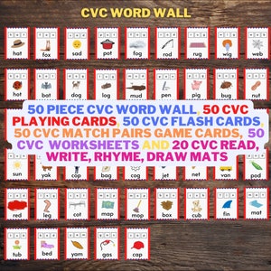 CVC 50 Piece Word Wall Flashcards Playing Cards Worksheets Say Read ...
