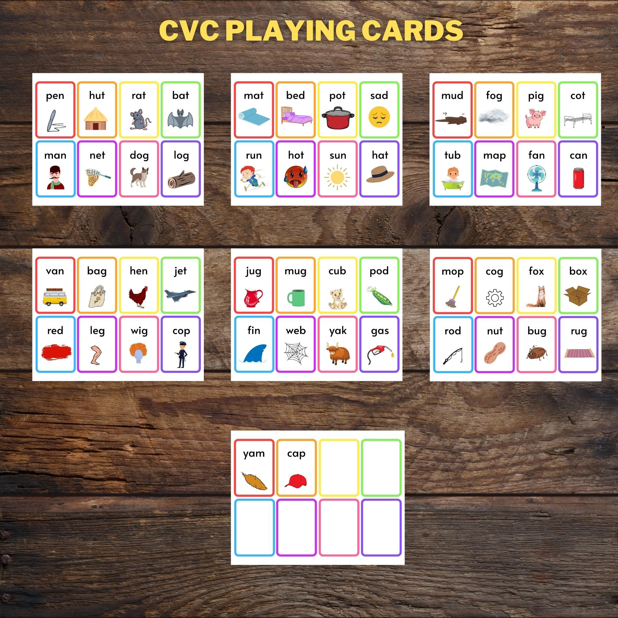 CVC 50 Piece Word Wall Flashcards Playing Cards Worksheets Say Read ...