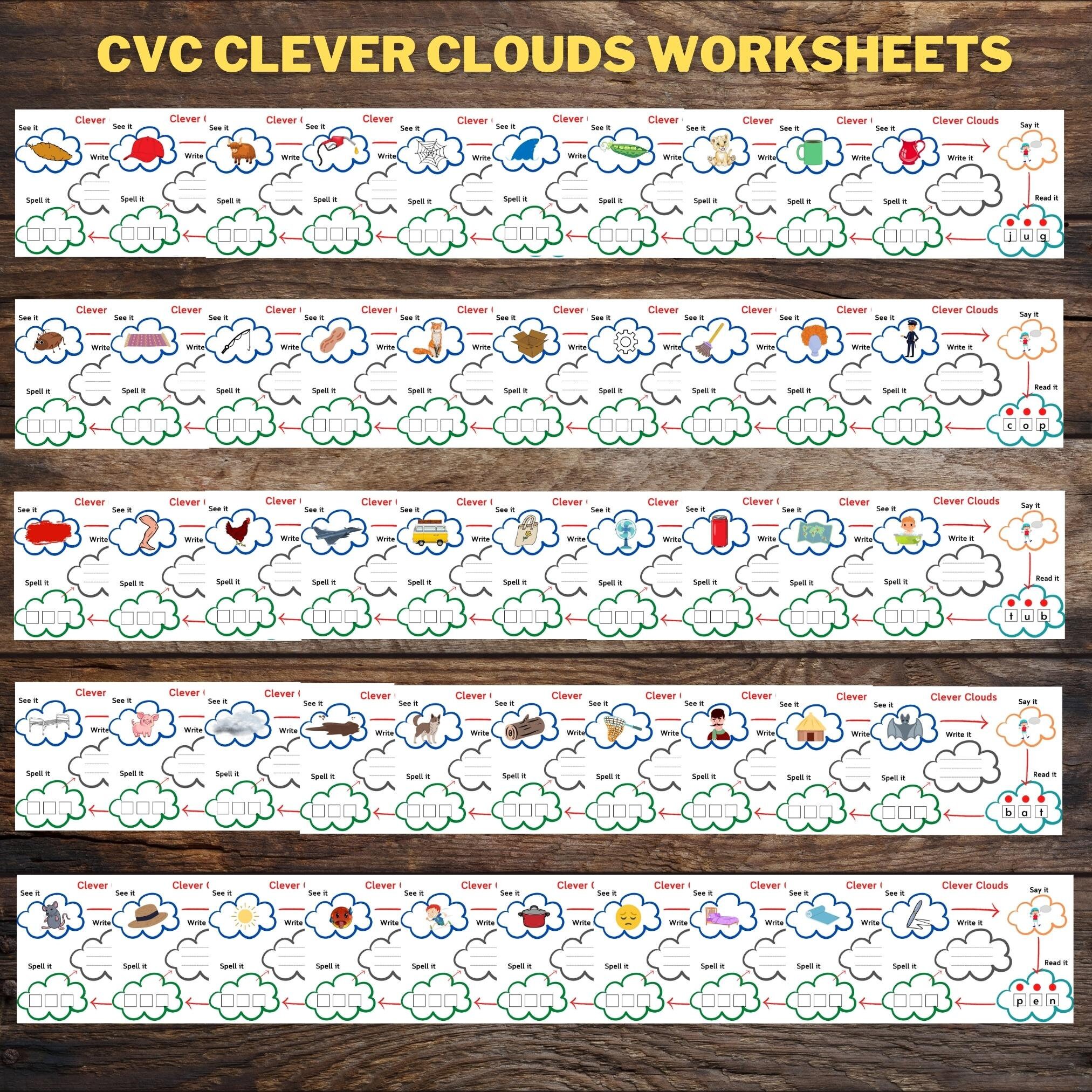 CVC 50 Piece Word Wall Flashcards Playing Cards Worksheets Say Read ...