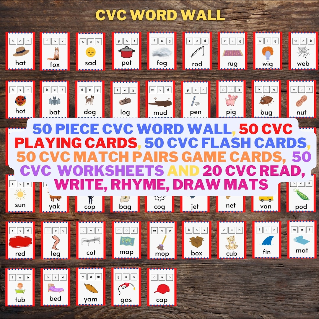 CVC 50 Piece Word Wall Flashcards Playing Cards Worksheets Say Read ...