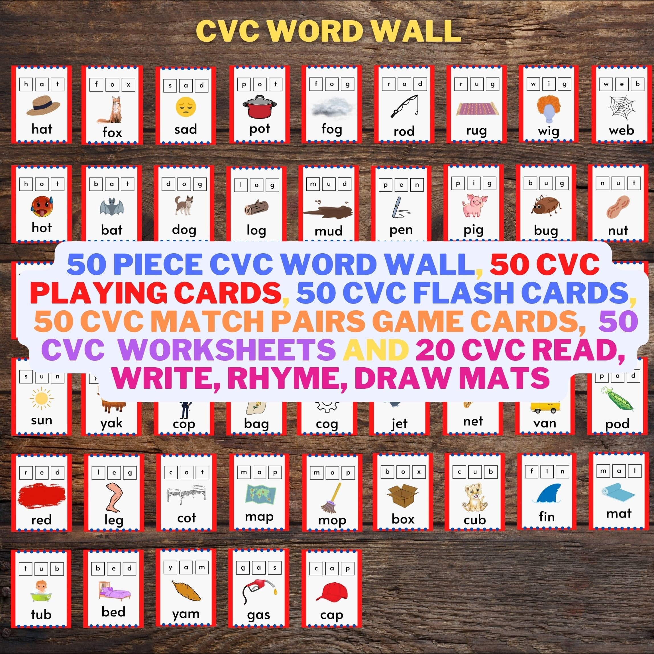 CVC 50 Piece Word Wall Flashcards Playing Cards Worksheets Say Read ...