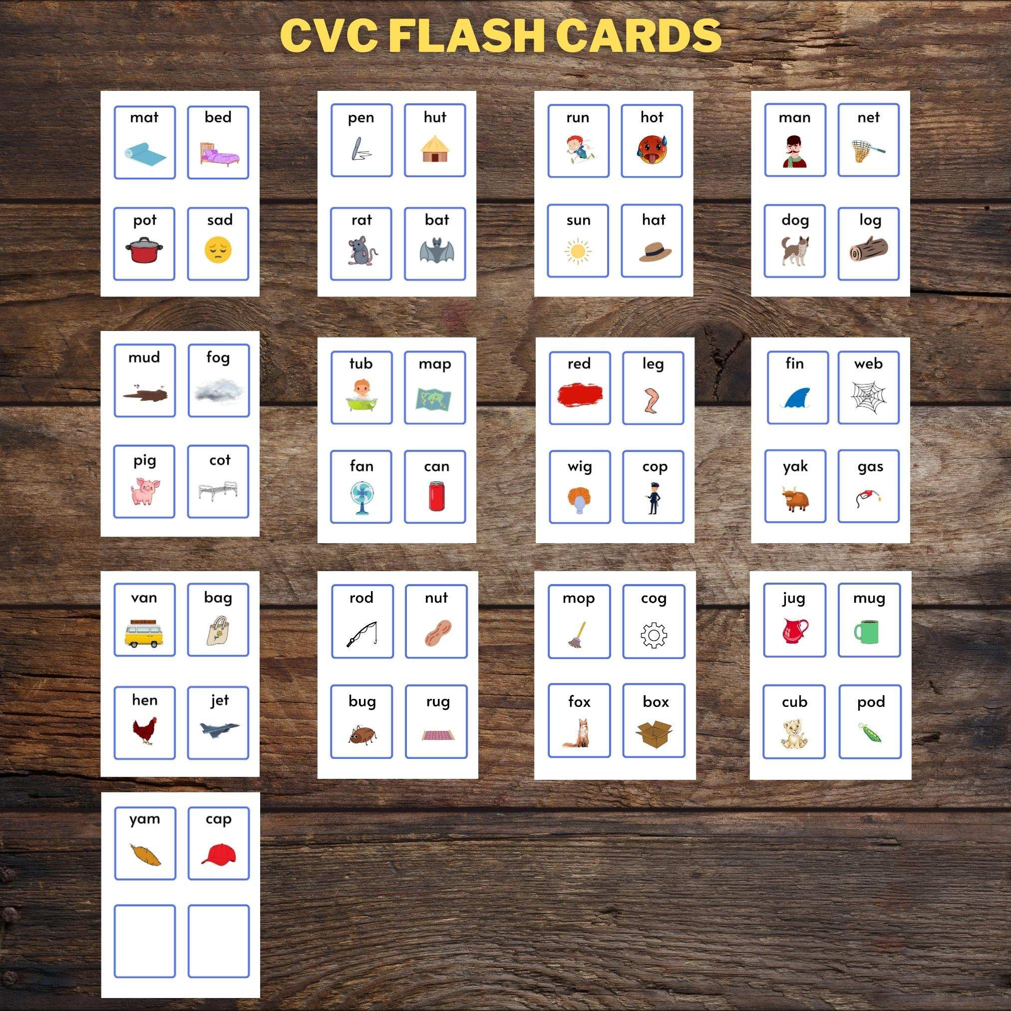 CVC 50 Piece Word Wall Flashcards Playing Cards Worksheets Say Read ...