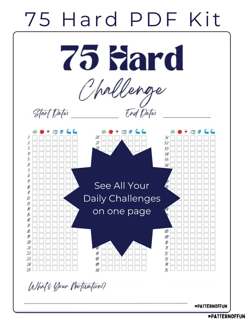 75 Hard Challenge Printable 75 Day Hard Challenge Template Workout Plan ...