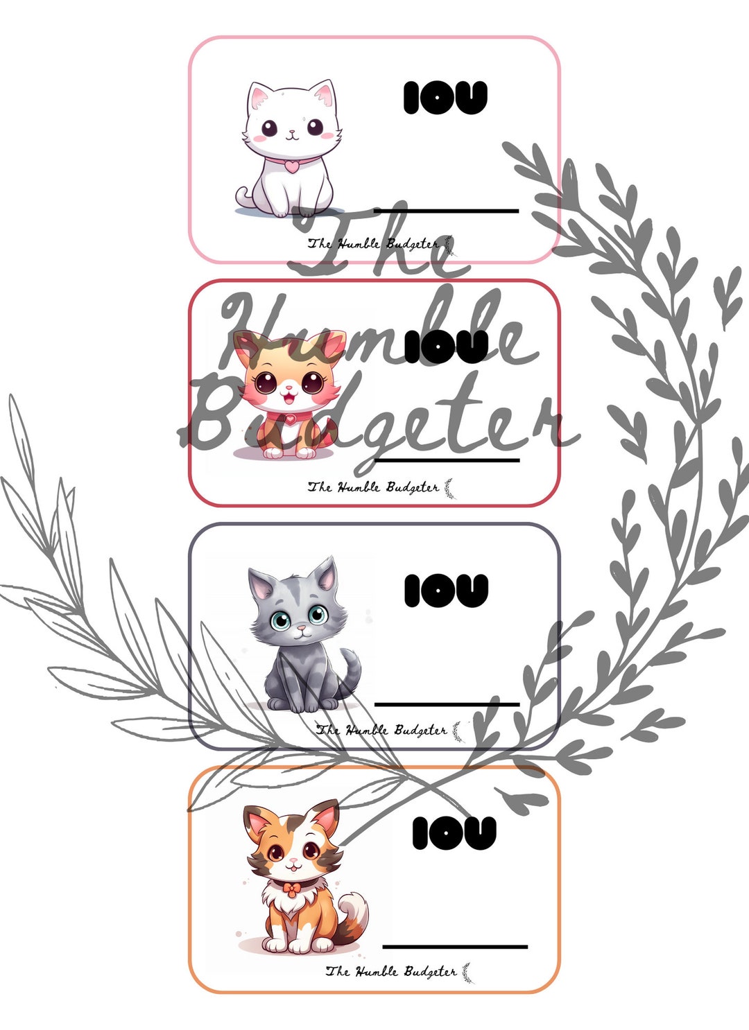 Set of 8 Kawaii Cats IOU Cards - PDF Printable - Etsy
