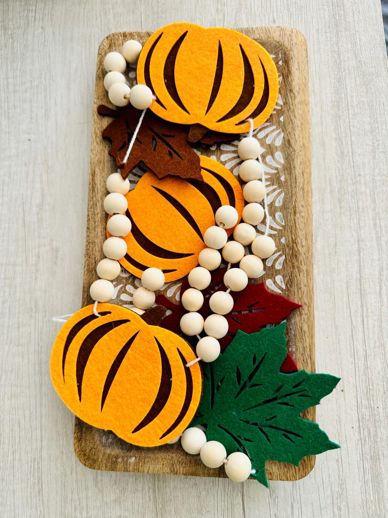Fall Pumpkin Garland, Felt Pumpkin Leaf Wood Bead Garland, Fall Home ...