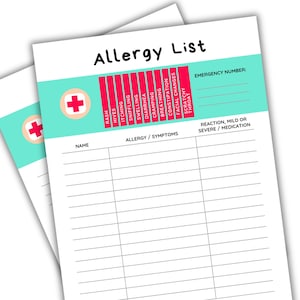 ALLERGY LIST, Daycare, Pre-school, Classroom Allergy List, Printable ...