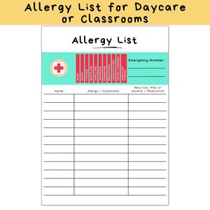 DAYCARE ALLERGY LIST, Pre-school Class Allergy List, Printable Child ...