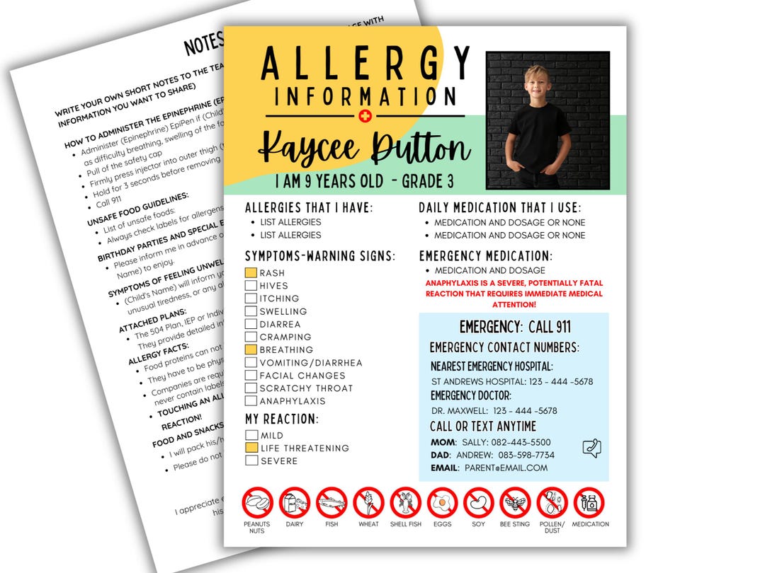 Editable Food Allergy Info Sheet: School, Camp, Daycare (digital ...
