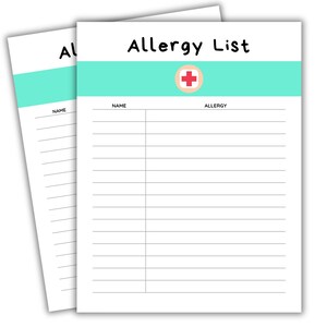 ALLERGY LIST, Daycare, Pre-school, Classroom Allergy List, Printable ...