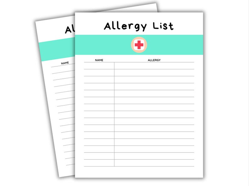 ALLERGY LIST, Daycare, Pre-school, Classroom Allergy List, Printable ...