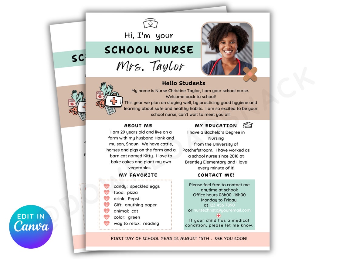 Meet the School Nurse Letter Printable Back to School Note Editable ...