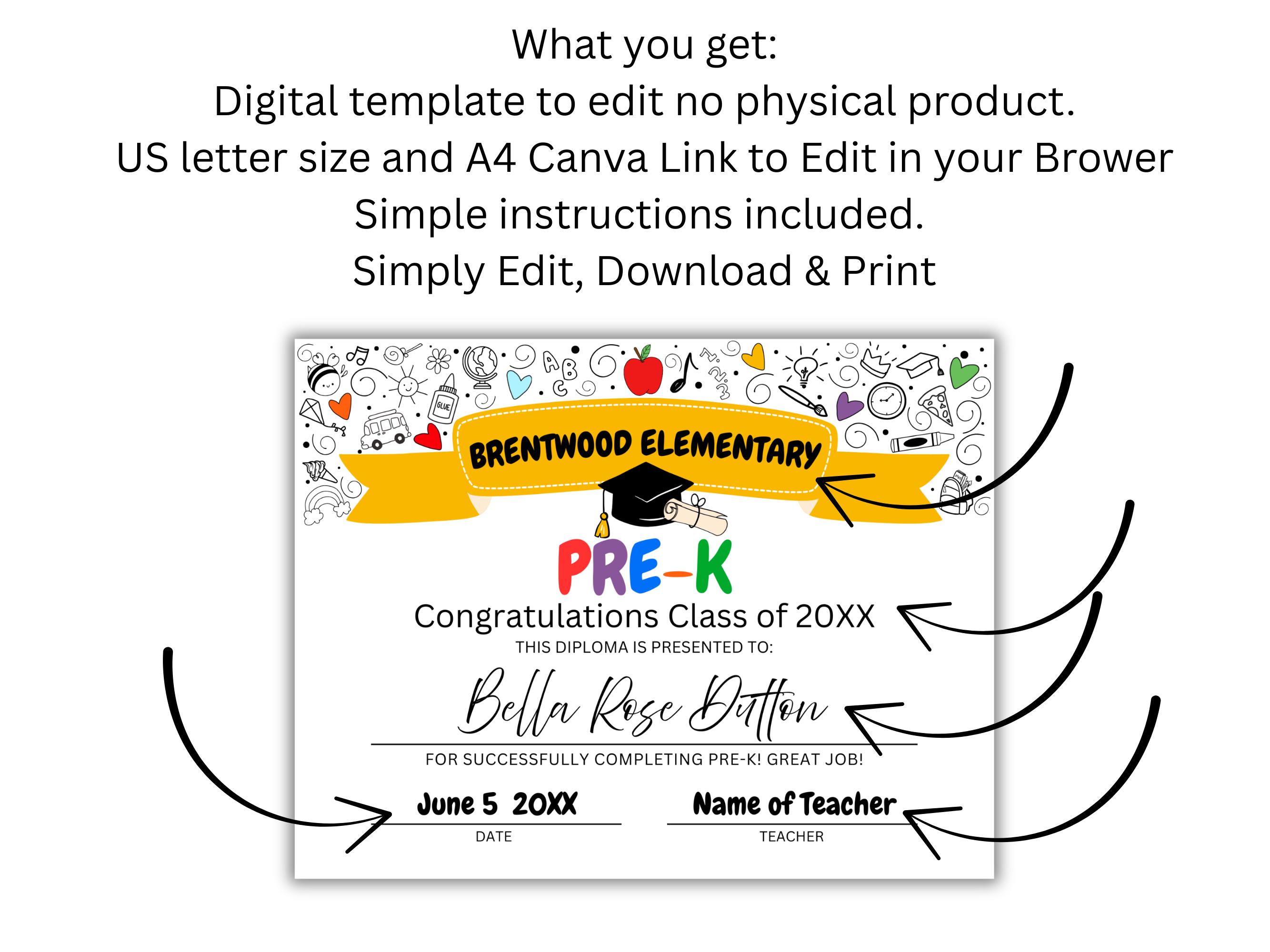 Editable Pre-k Graduation Certificate, Last Day of Kindergarten School ...