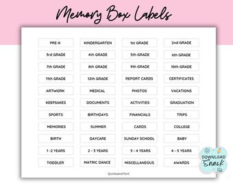 MEMORY Box TAB LABELS, Printable, School File Box, Kids School Years ...