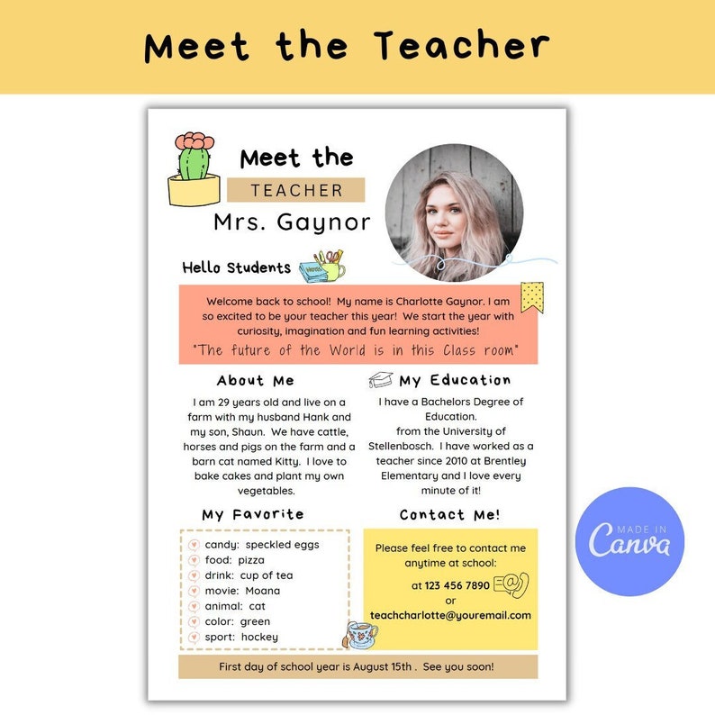 Meet the Teacher Classroom Printable Template, Teacher Introduction ...