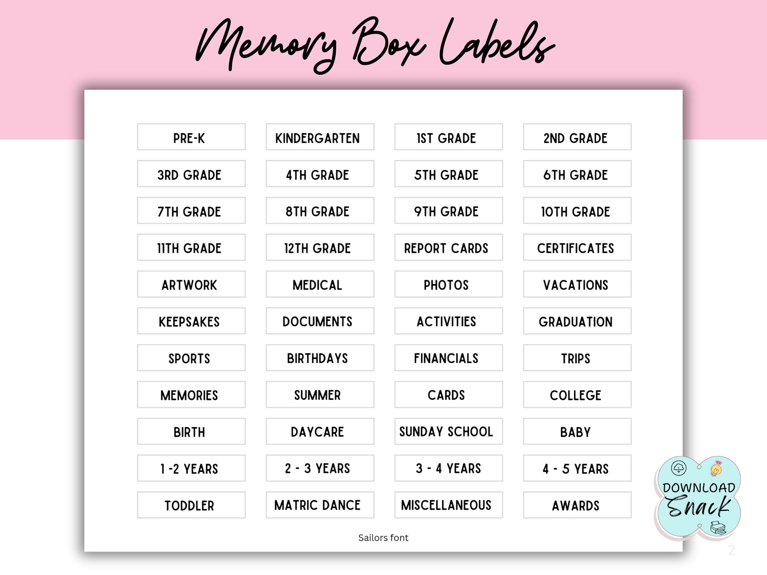 MEMORY Box TAB LABELS, Printable, School File Box, Kids School Years ...