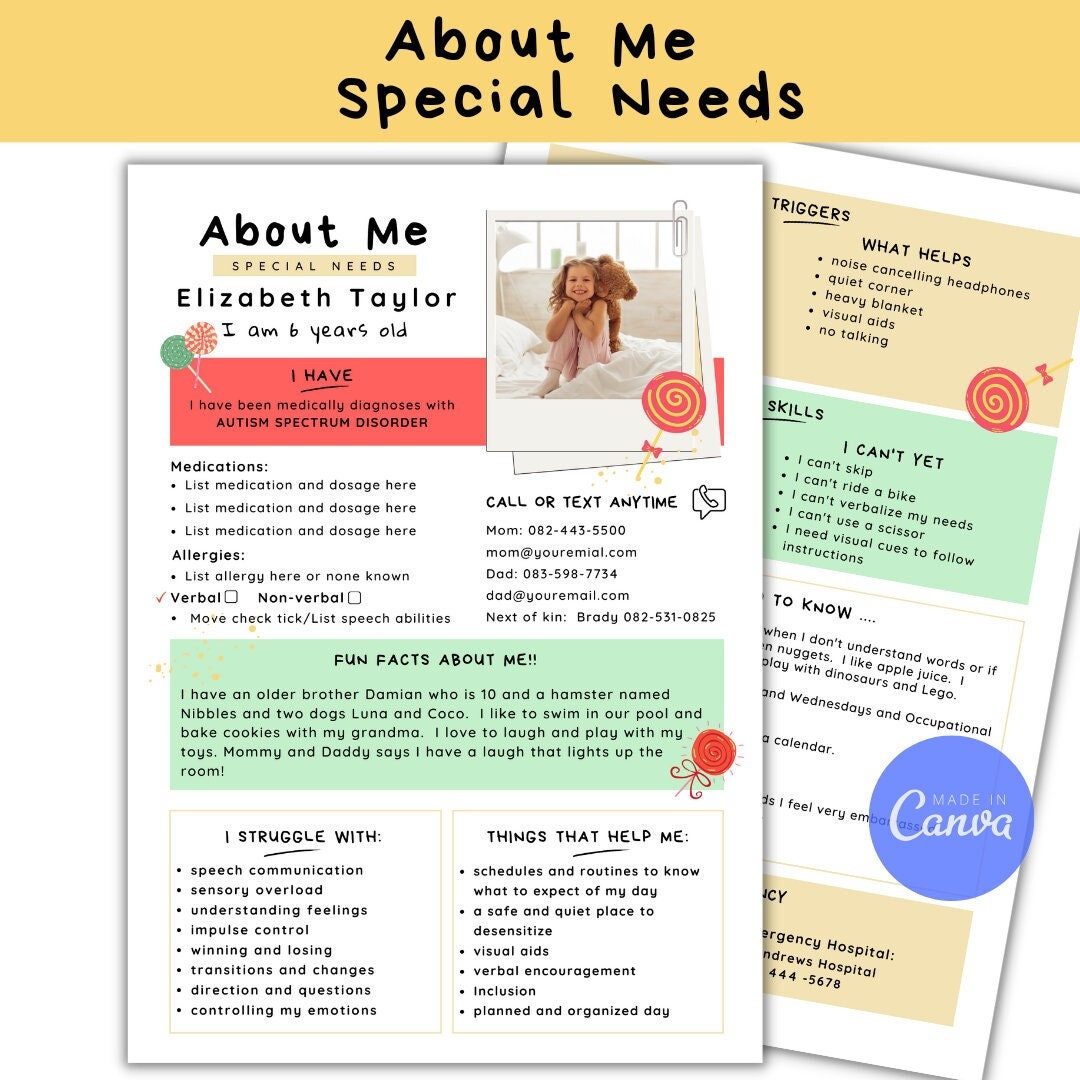 All About Me SPECIAL NEEDS Page Back to School Autism Down - Etsy