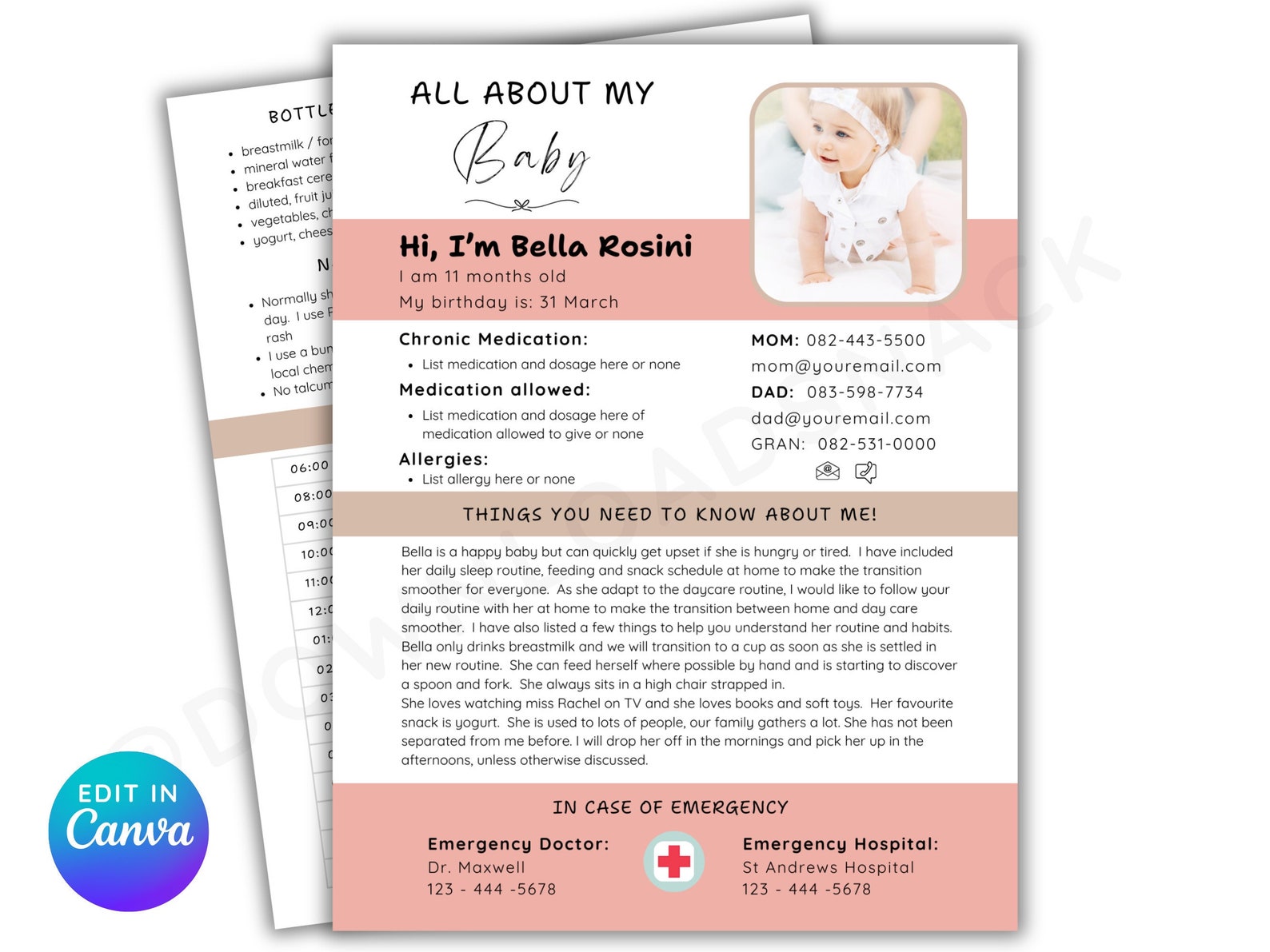 All About Me, Baby, First Day of Daycare, Childcare, Babysitter, Childcare Form, Infant Care ...