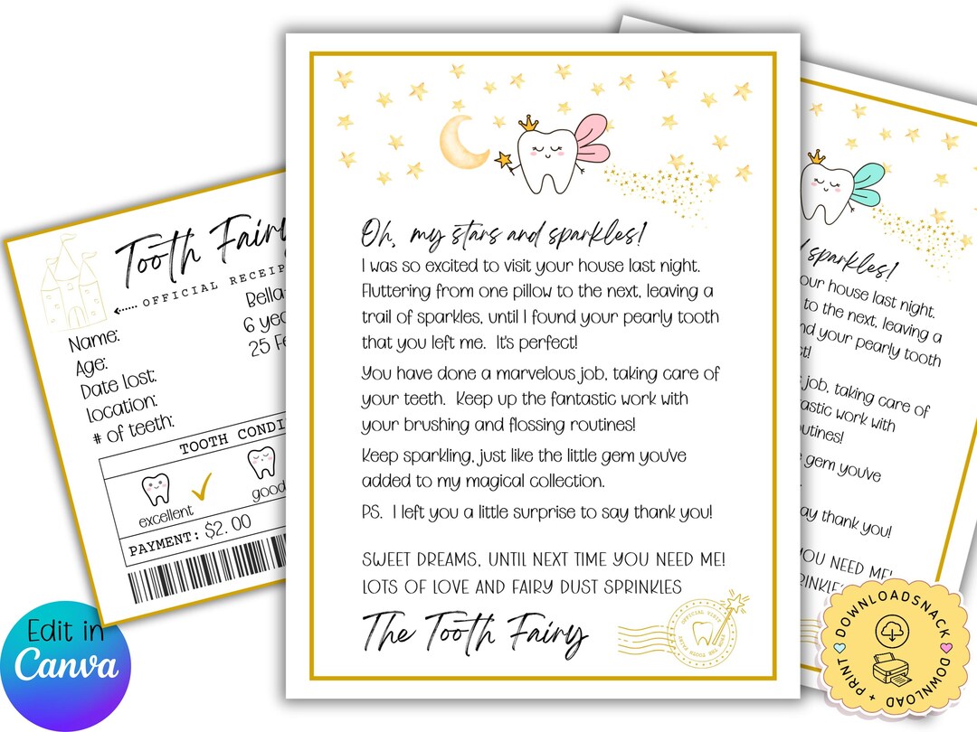 Tooth Fairy Letter Printable, Editable Tooth Fairy Note CANVA Template ...
