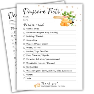 DAYCARE QUICK NOTE Home, Bee Theme Daycare Teacher Communication ...
