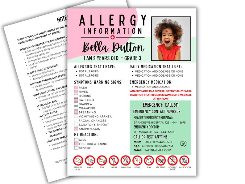 Editable Food Allergy Info Sheet: Back to School, Daycare (digital ...