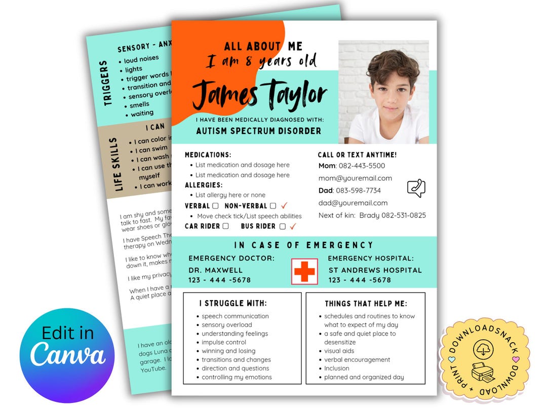 All About Me ADHD Autism SPECIAL NEEDS Page, Disability, Editable ...