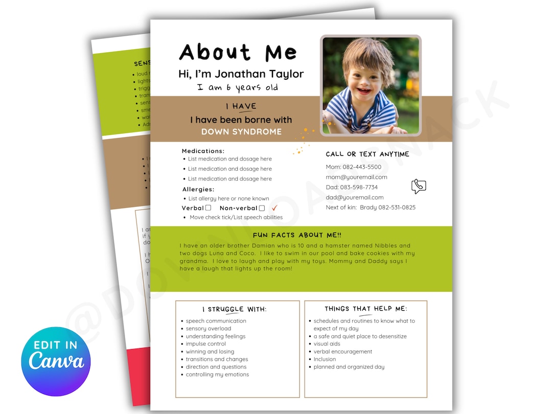 All About Me Down Syndrome, SPECIAL NEEDS Page, Back to School ...