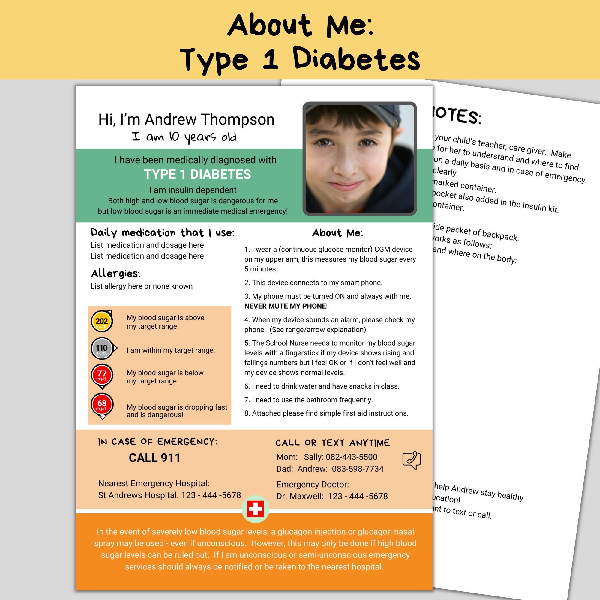 Type 1 Diabetes Medical Alert Information, Back to School, Child ...