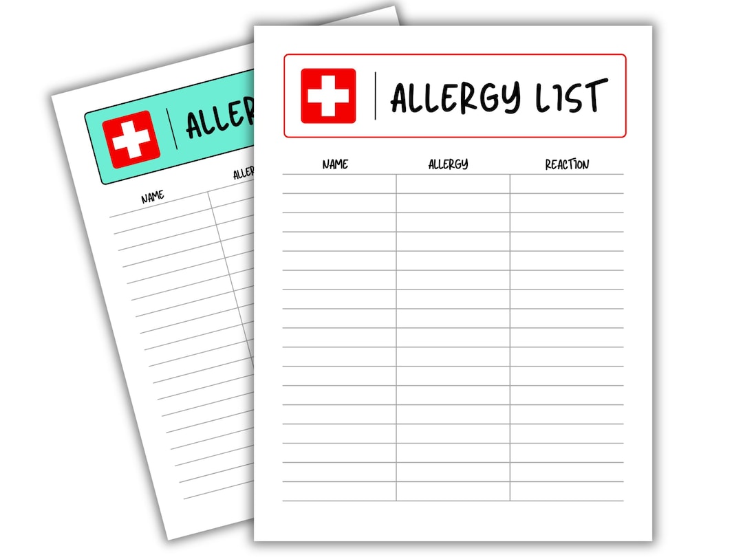 ALLERGY LIST, Daycare, Pre-school, Nurse, Classroom, Workplace, Form ...