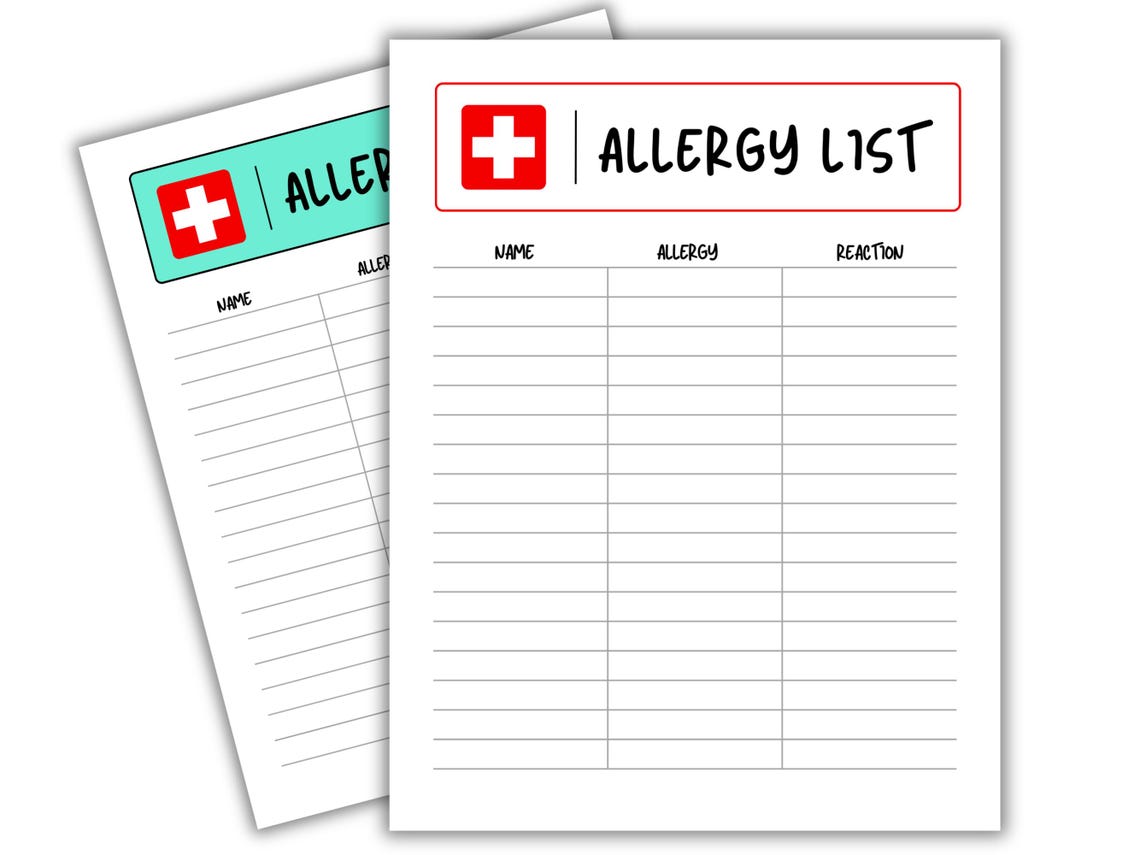 ALLERGY LIST, Daycare, Pre-school, Nurse, Classroom, Workplace, Form ...