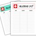 ALLERGY LIST, Daycare, Pre-school, Nurse, Classroom, Workplace, Form ...