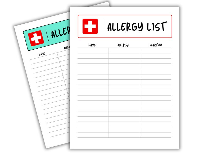 ALLERGY LIST, Daycare, Pre-school, Nurse, Classroom, Workplace, Form ...