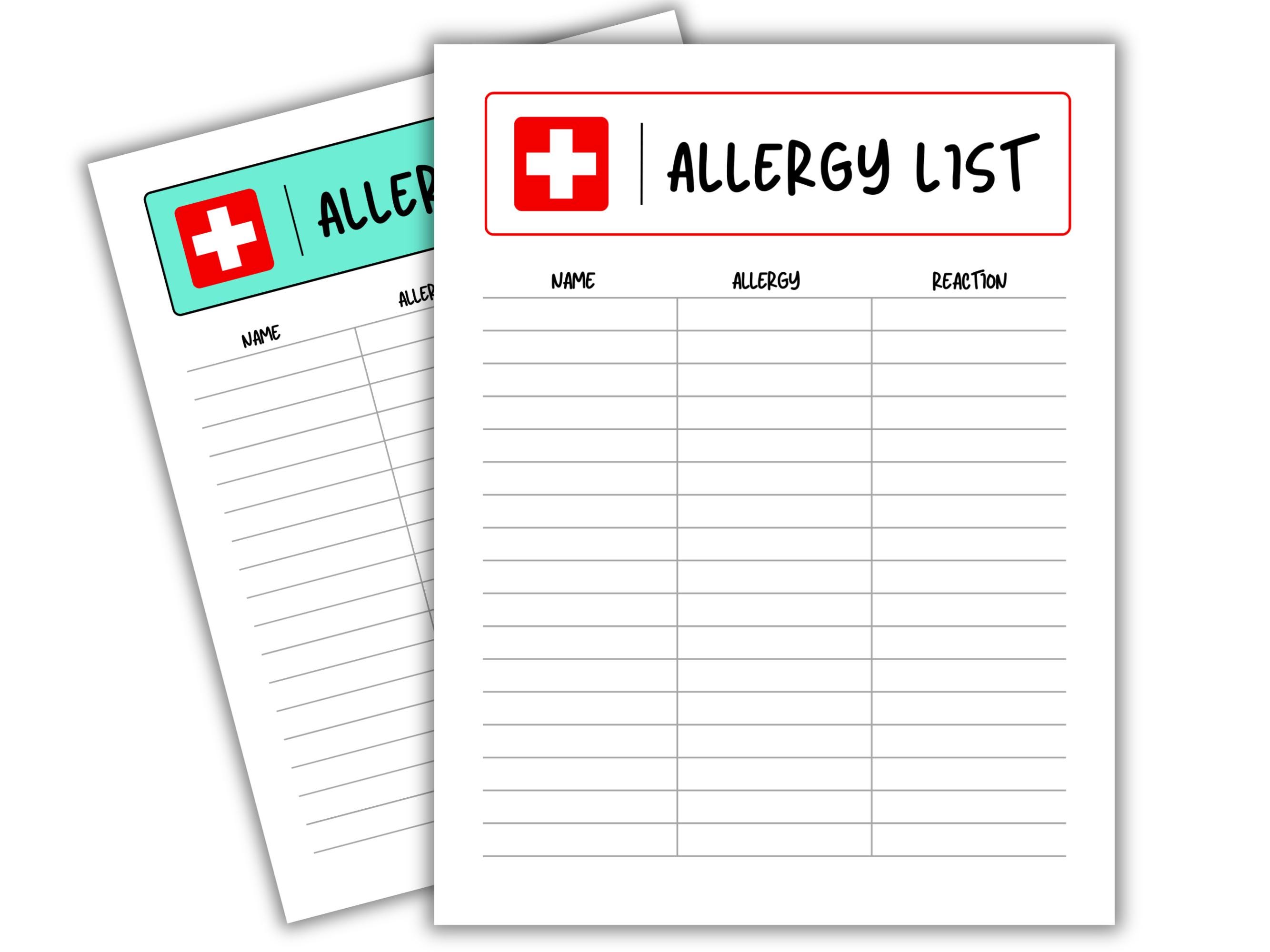 ALLERGY LIST, Daycare, Pre-school, Nurse, Classroom, Workplace, Form ...