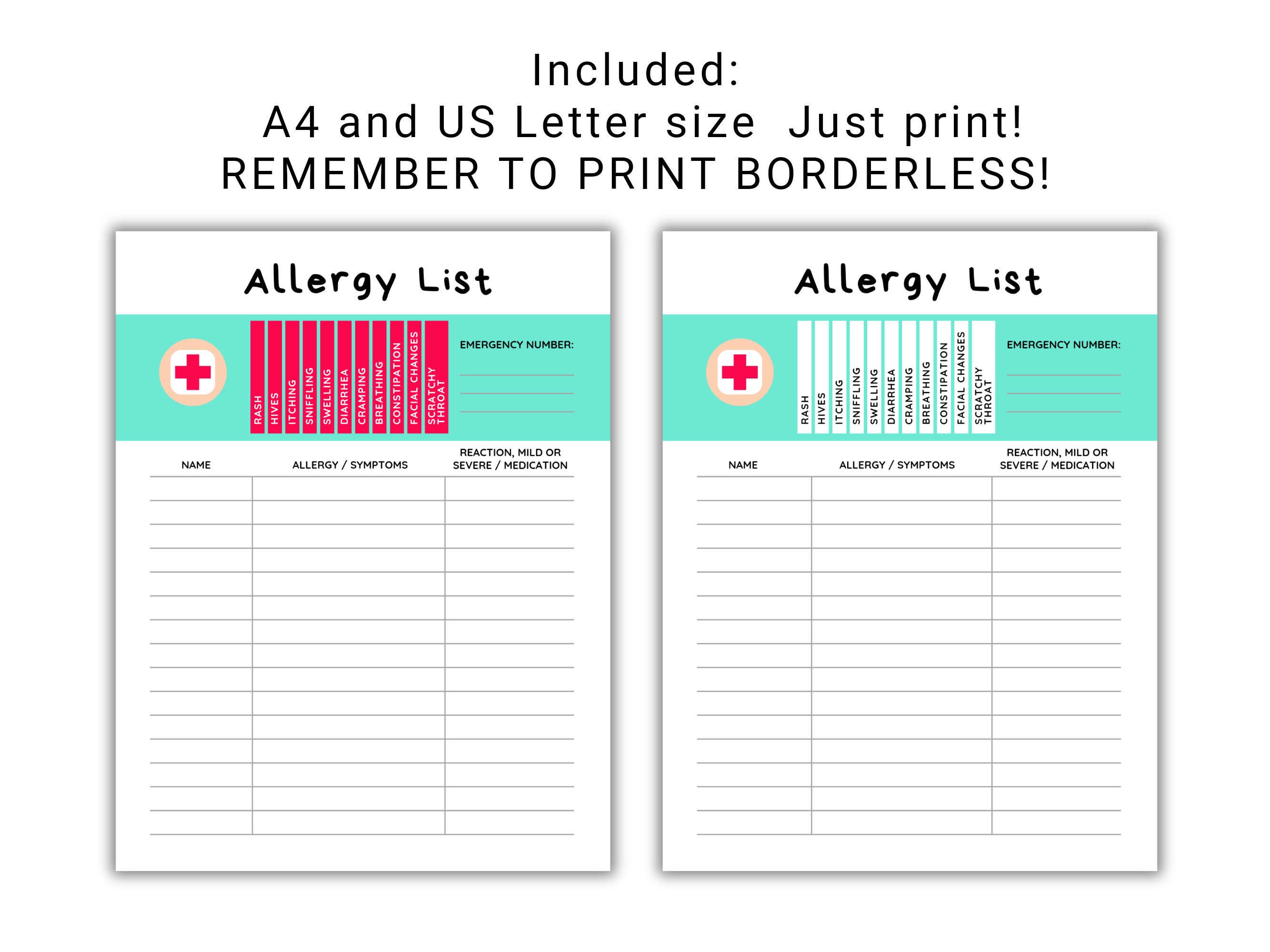 ALLERGY LIST, Daycare, Pre-school, Classroom Allergy List, Printable ...