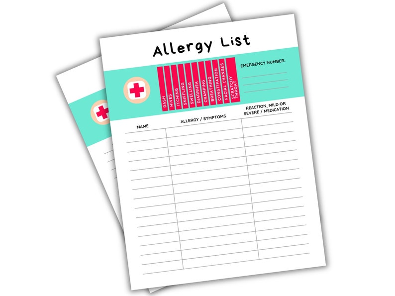 ALLERGY LIST, Daycare, Pre-school, Classroom Allergy List, Printable ...