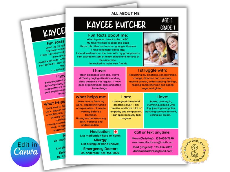 Editable All About Me Child Info Template, Autism Special Needs, ADHD ...