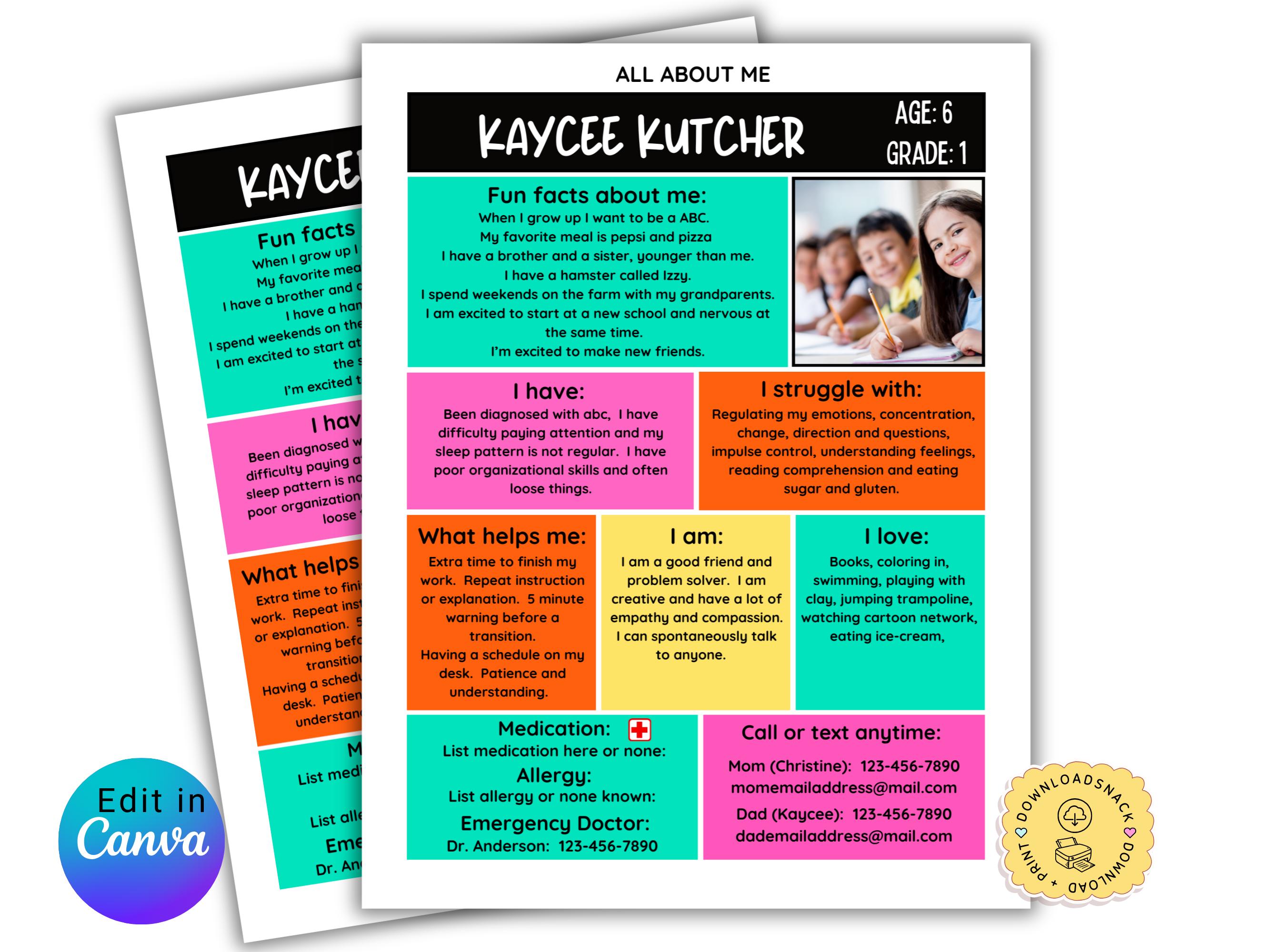 Editable All About Me Child Info Template, Autism Special Needs, ADHD ...