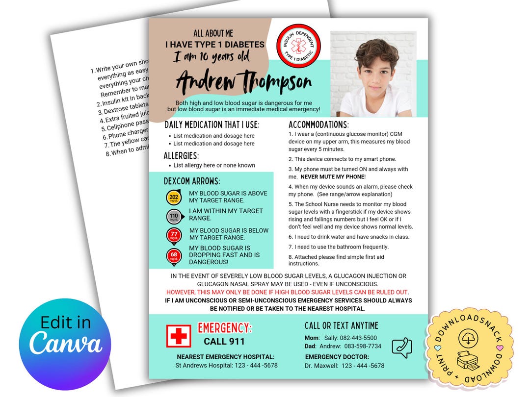 About Me T1D Medical Alert Information, 1st Day of Back to School, Type ...