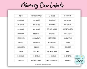 MEMORY Box TAB LABELS, Printable, School File Box, Kids School Years ...