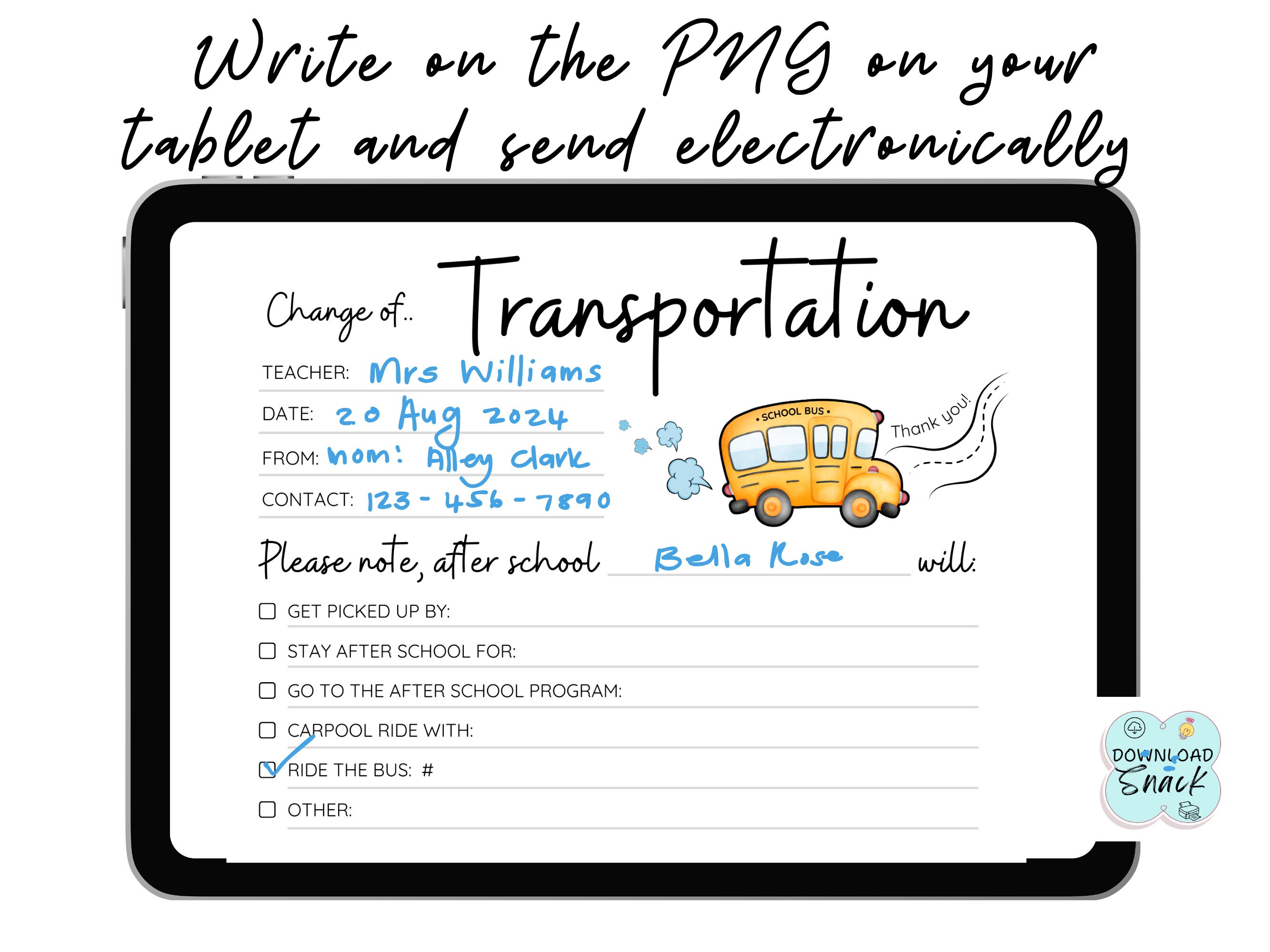 TRANSPORTATION CHANGE, Note From Home, Note for Teacher, Makes Sure ...