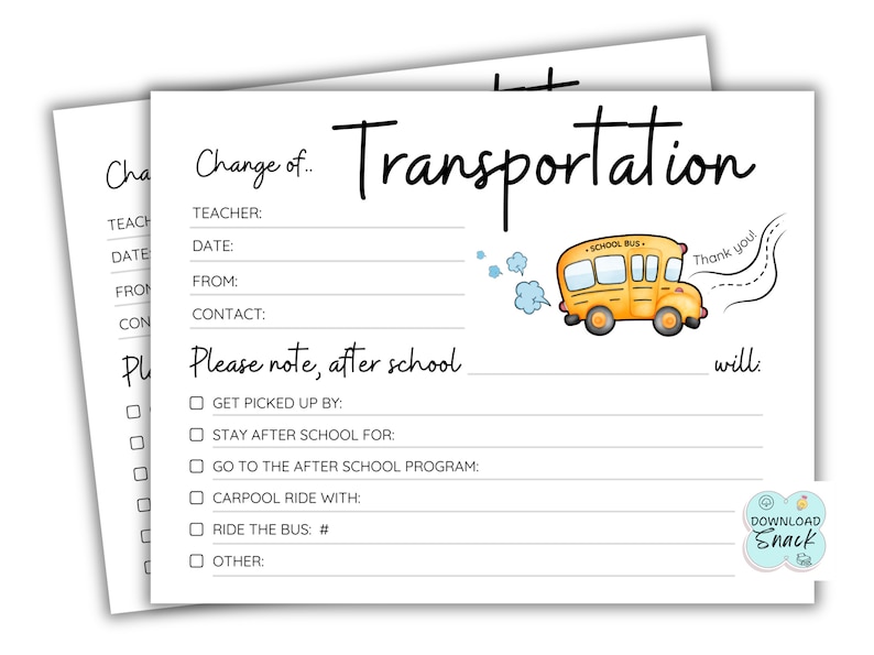 TRANSPORTATION CHANGE, Note From Home, Note for Teacher, Makes Sure ...