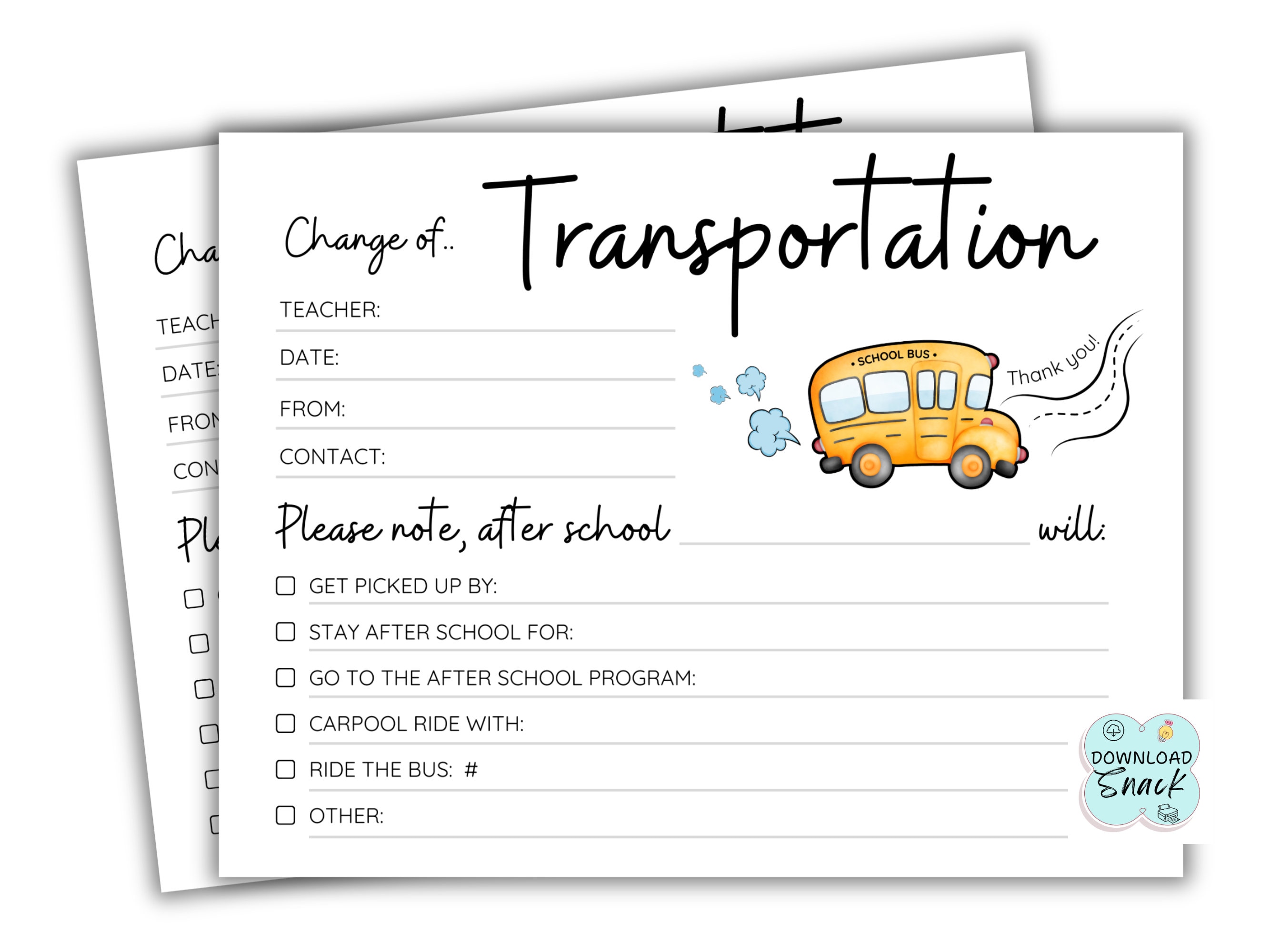 TRANSPORTATION CHANGE, Note From Home, Note for Teacher, Makes Sure ...