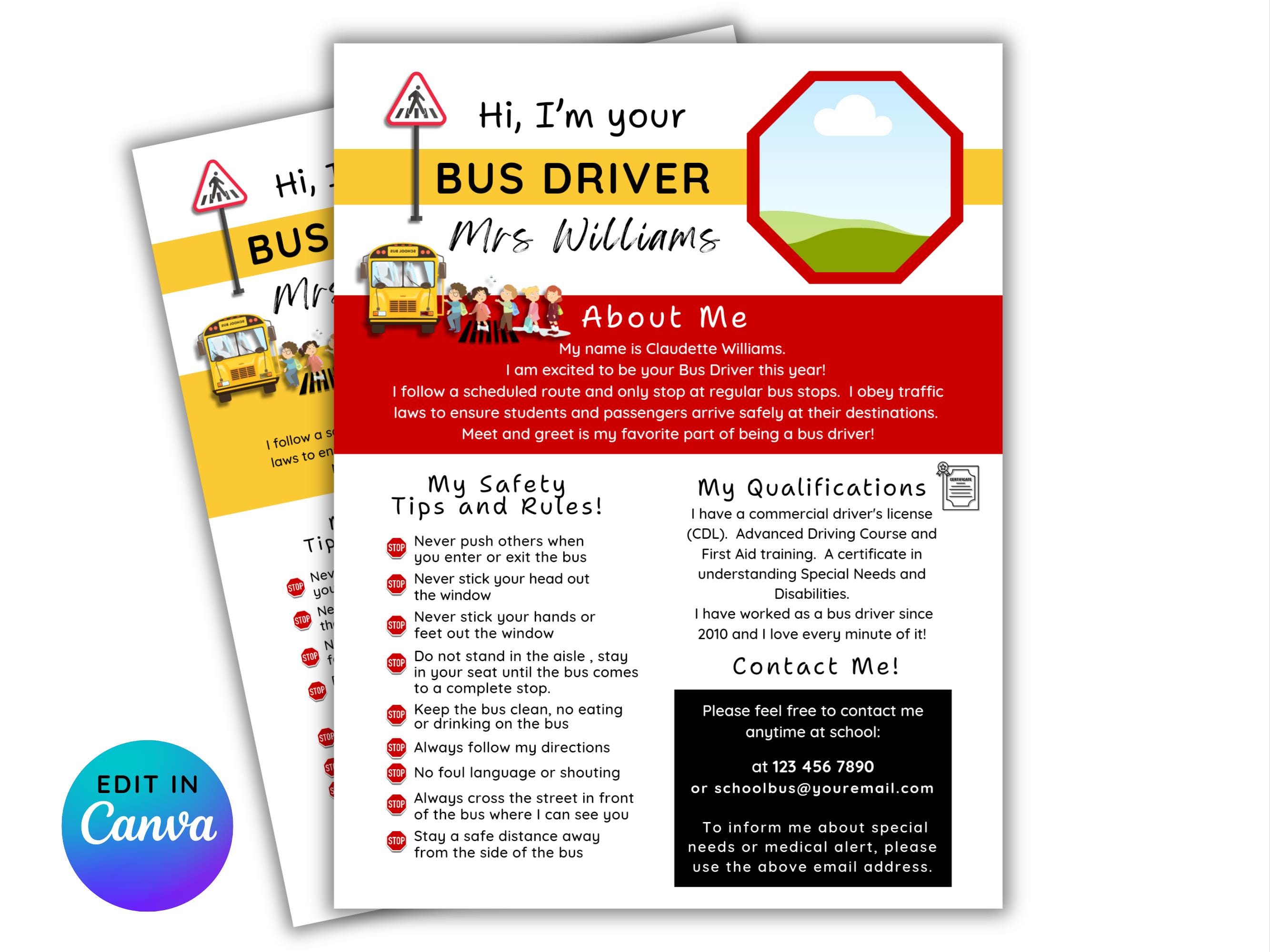 Meet the Bus Driver Letter Editable Canva Template Back to School Note ...