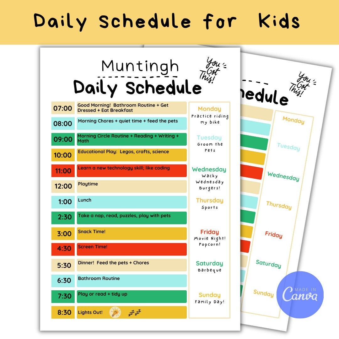 Daily Schedule for Kids, Daily Routine, Editable Template in CANVA ...